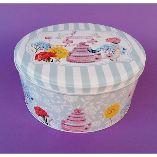Fém doboz kekszes Here comes the bride feliratos, csíkos-virágos és torta motívummal díszítve ...